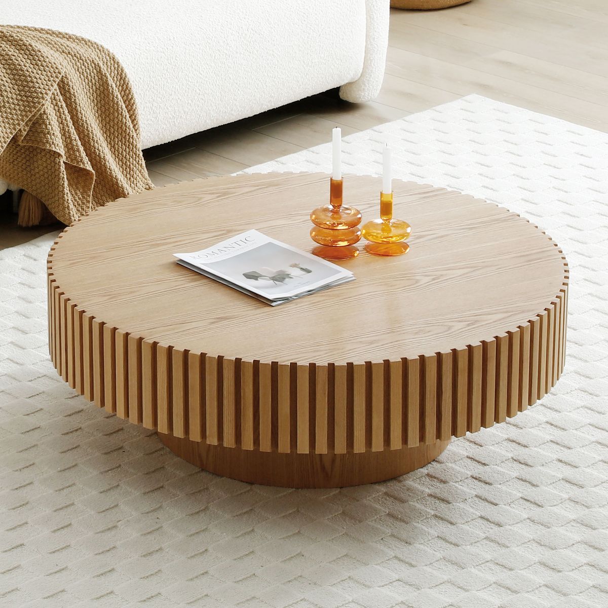 35.43'' Round Wood Coffee Table for Living Room, Modern Handcraft Drum ...