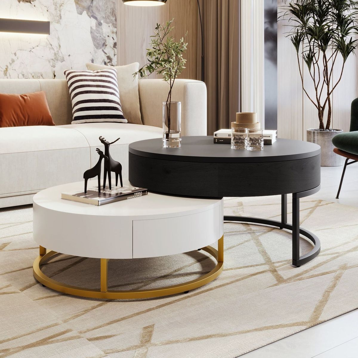 Modern Round Lift-top Nesting Coffee Tables with 2 Drawers White ...